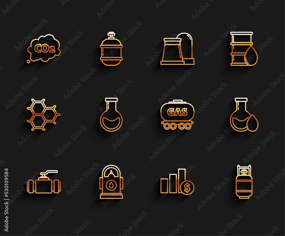 Set line Industry metallic pipes and valve, CO2 emissions in cloud, Pie ...