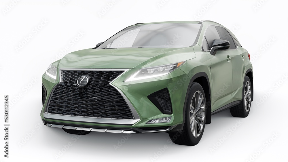 Tokio. Japan. July 26, 2022. Green Lexus RX450 F-Sport on a white ...