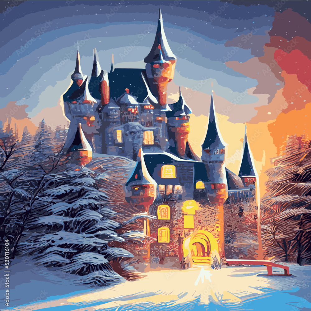 Castle background winter snowy forest. Snow, snowflakes. Night, moon ...