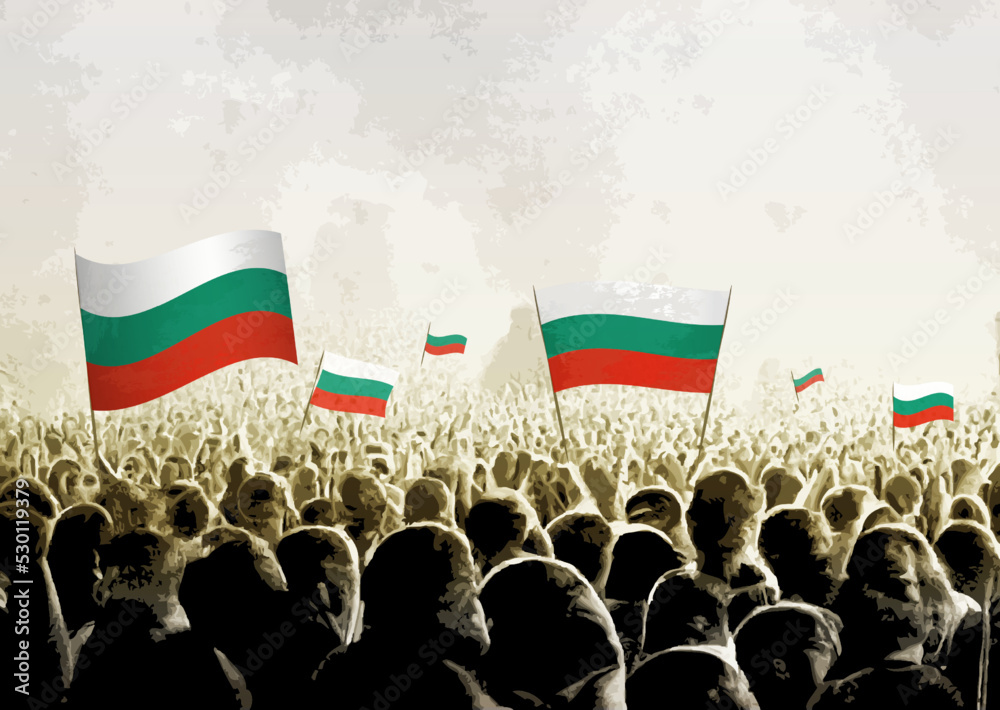 Crowd with the flags of Bulgaria, people cheering national team of ...