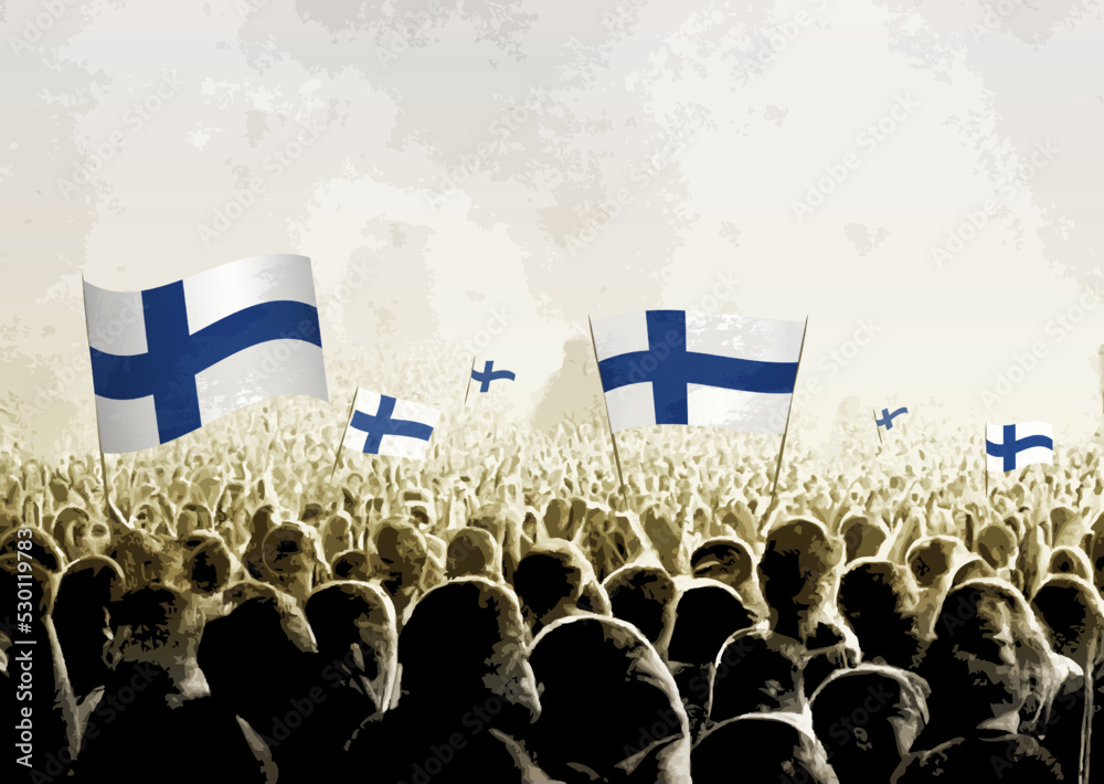 Vecteur Stock Crowd with the flags of Finland, people cheering national ...