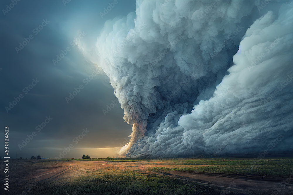 Tornado. Digital art. Massive tornado, cyclone on land with huge clouds ...