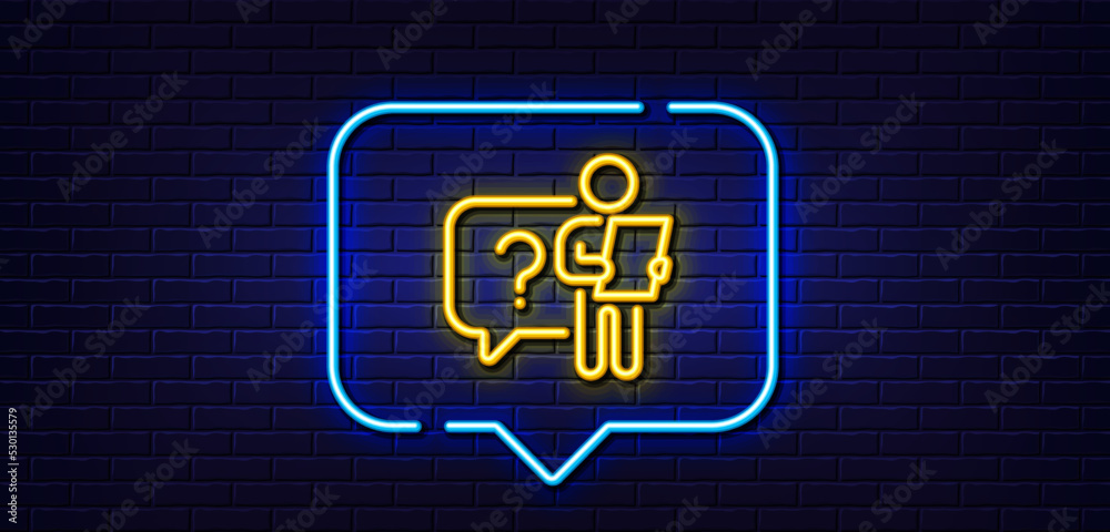 Neon light speech bubble. Search employee line icon. Interview ...