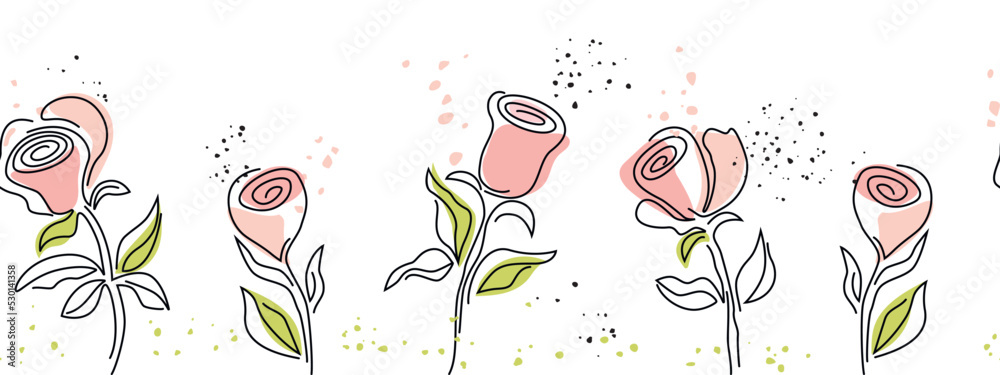 Seamless horizontal pattern of abstract flowers, drawn with a black ...