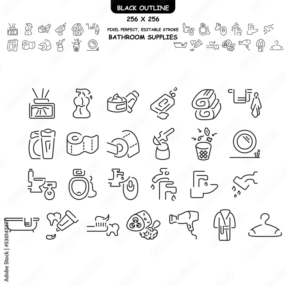 set of linear icons with black outline of bathroom accessories ...