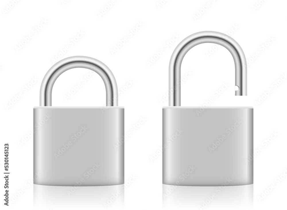 Padlock, locked and unlocked, silver iron steel security device with ...