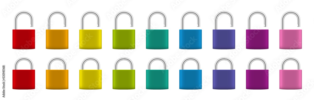 Padlocks, colorful set with locked and unlocked shackle, rainbow ...