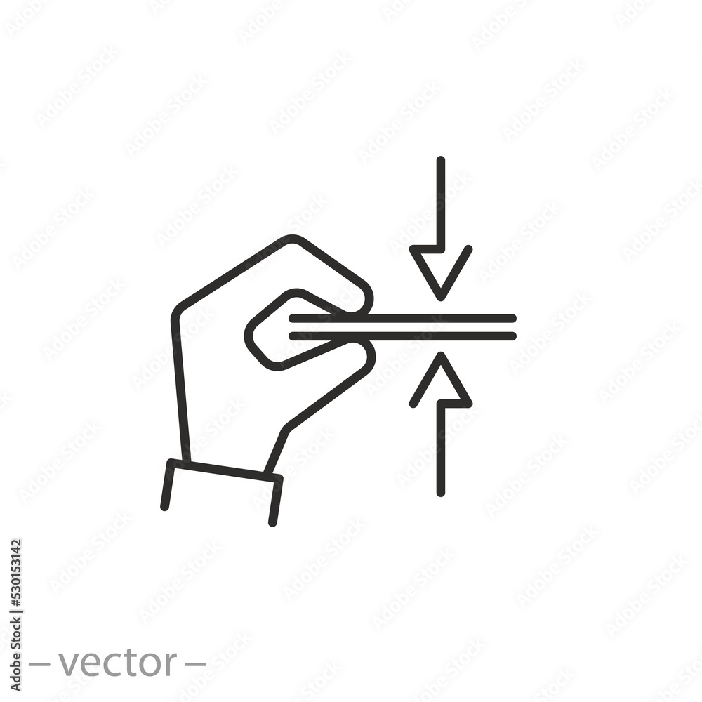 surface gap icon, fingers squeeze layers, press down material, thin ...