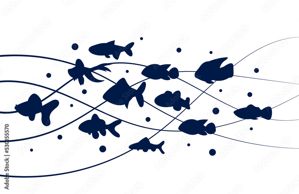 A flock of fish silhouette are floating on the waves isolated on white ...