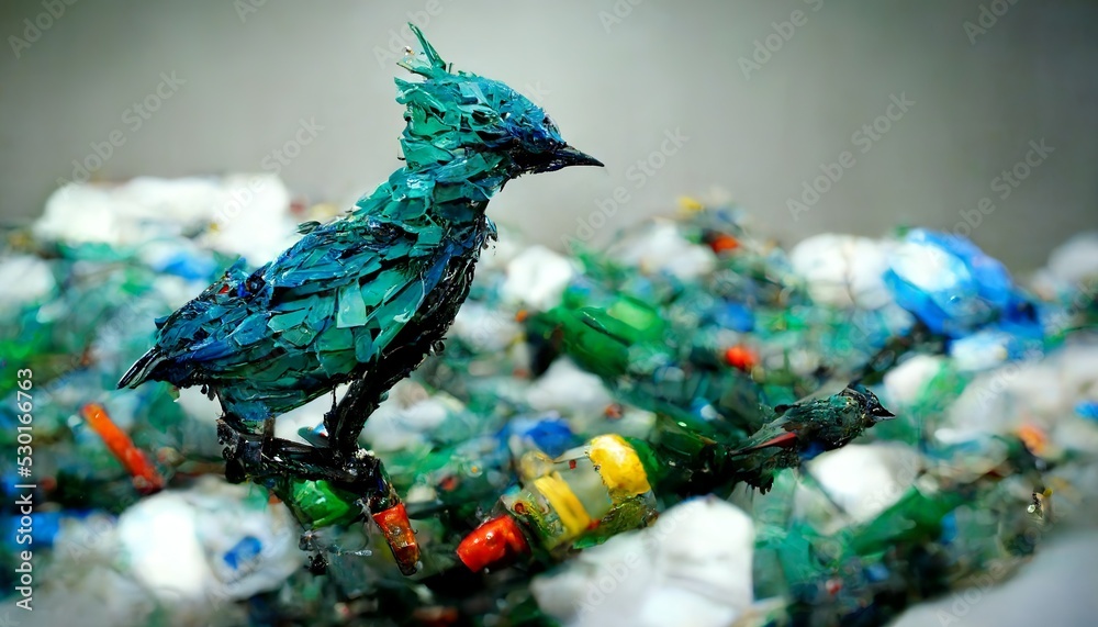 Bird made of plastic trash bag, living in garbage, economical crisis ...