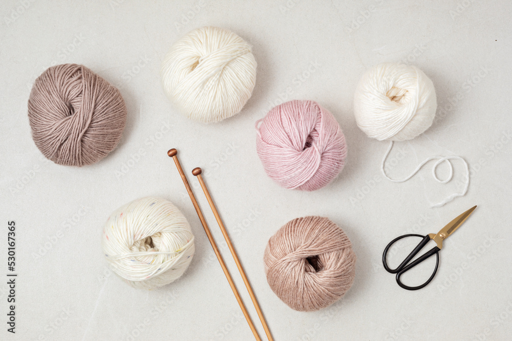 Craft hobby background with yarn in natural colors. Recomforting hobby ...