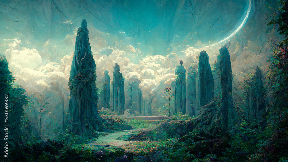 Fantasy portal in forest landscape surrounded by tree and magic. Green ...