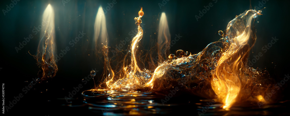 Burning fire flame on liquid. CGI render illustration. Stock ...