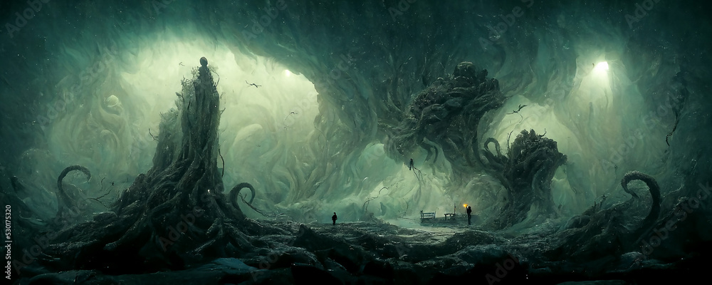 Lovecraft inspired scene. Dark and creepy cave with tentacle monsters ...