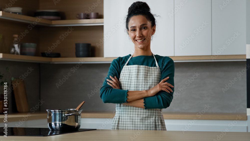 Cheerful beautiful woman wears apron standing in modern kitchen with ...