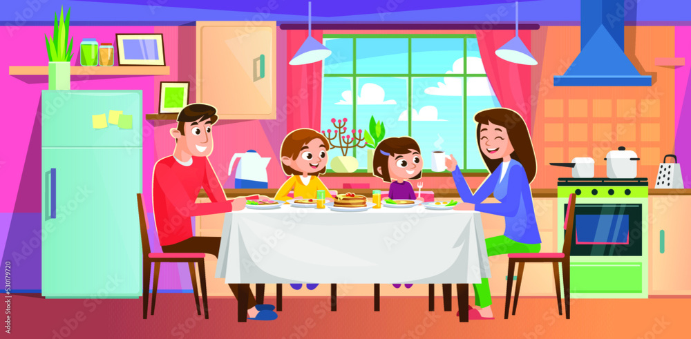 Happy family eating at home at the kitchen table. Family meal on a ...