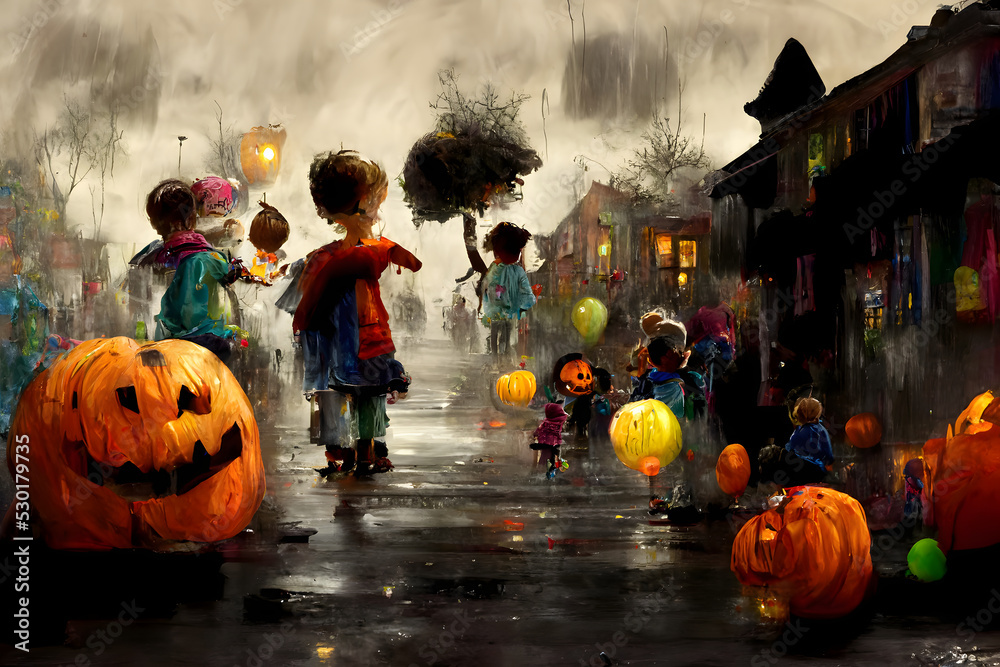 kids playing on night halloween street, american neighborhood ...