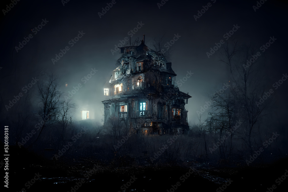 dark haunted house with illuminated windows at spooky misty dark ...