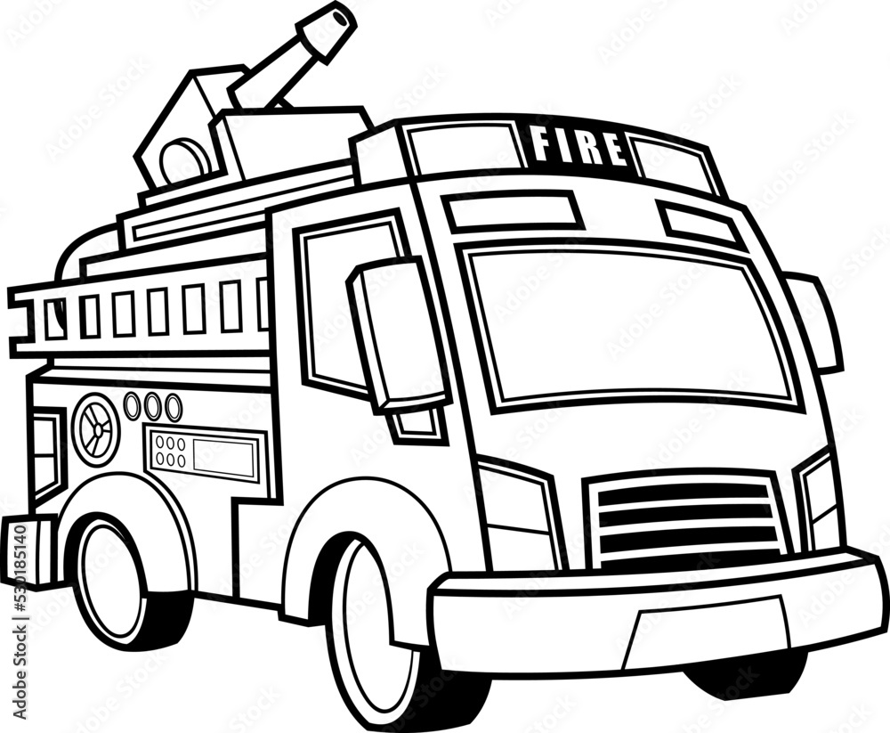 Outlined Cartoon Fire Truck Car. Vector Hand Drawn Illustration ...