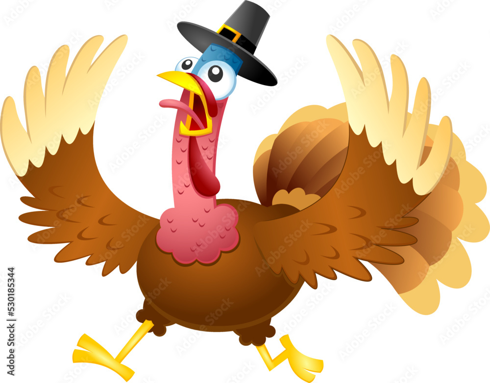 Scared Turkey Cartoon Characters With Pilgrim Hat Running. Vector ...