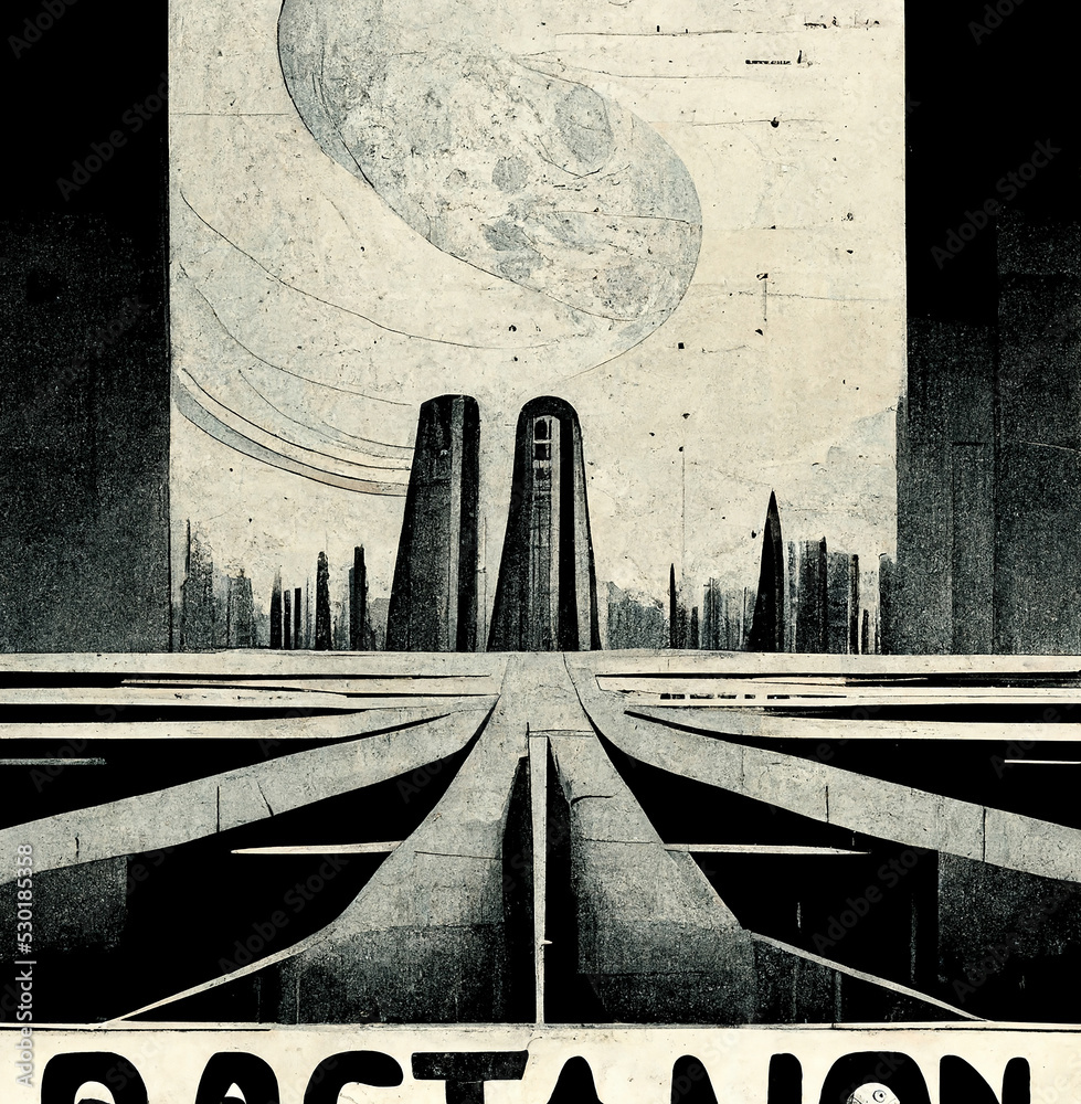 Science Fiction posters of space stations as mechanical drawings Stock ...