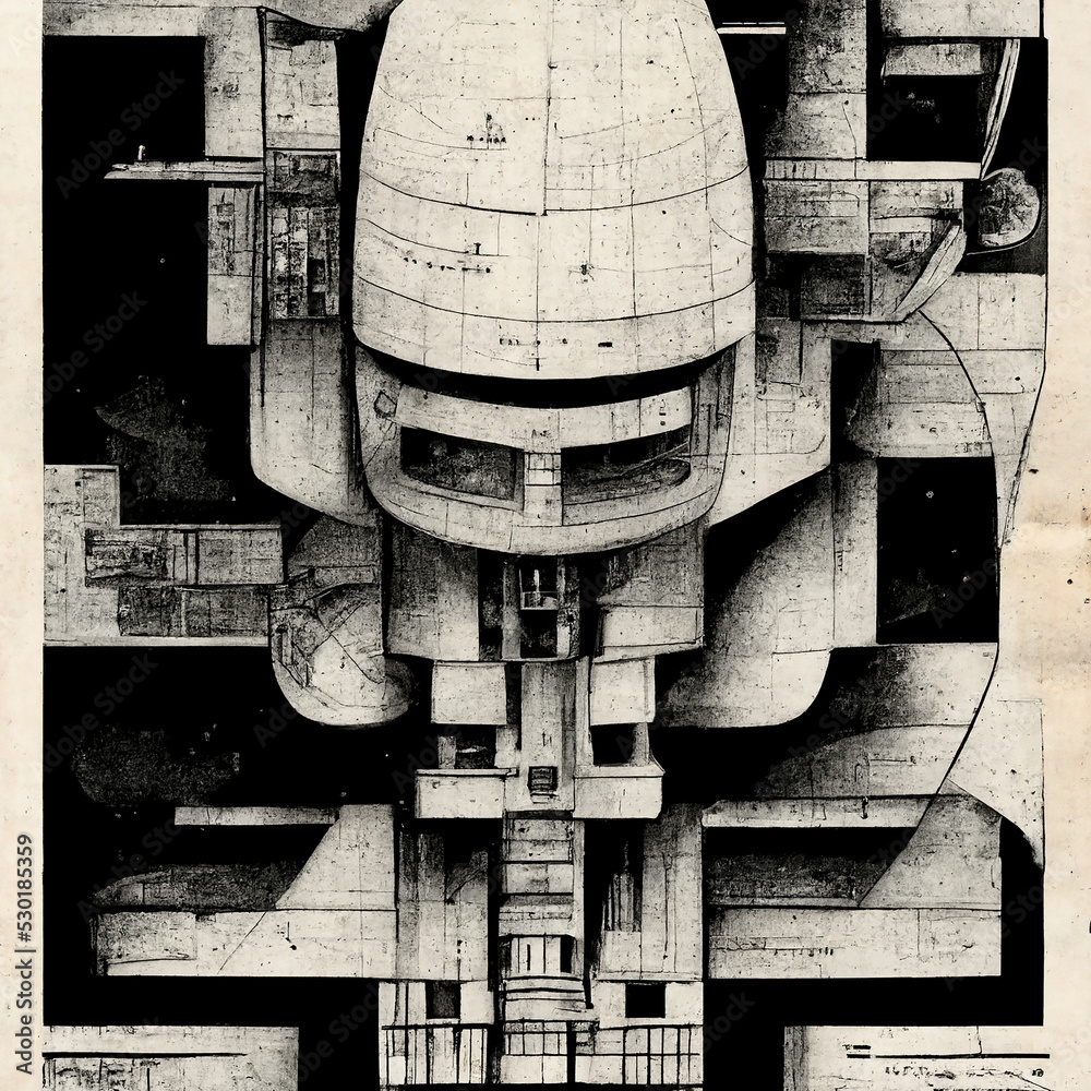 Science Fiction posters of space stations as mechanical drawings Stock ...