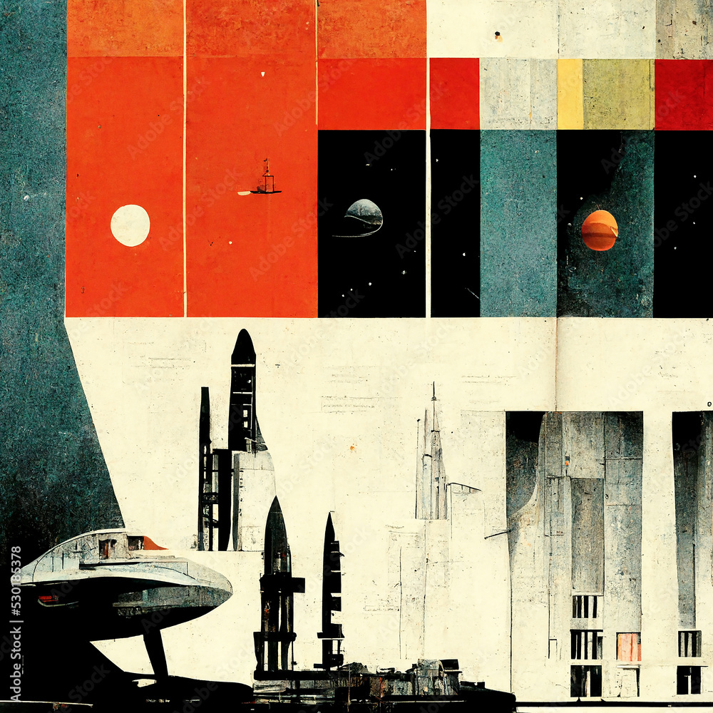Science Fiction posters of space stations as mechanical drawings Stock ...
