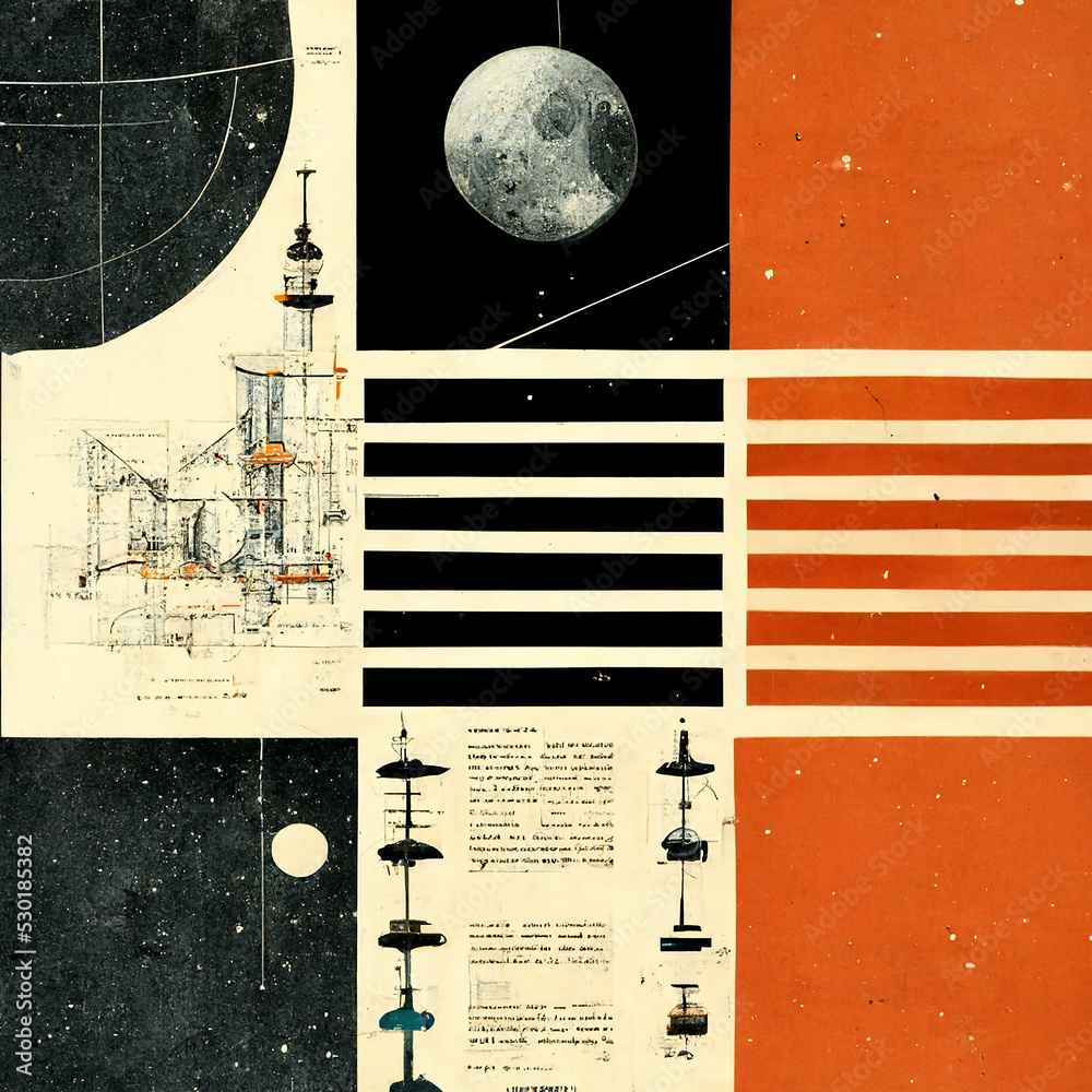 Science Fiction posters of space stations as mechanical drawings Stock ...