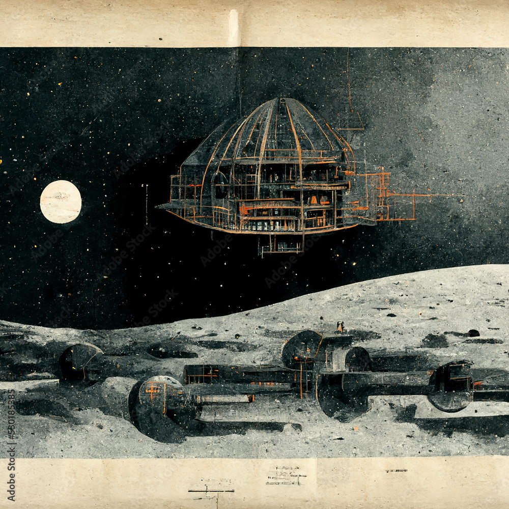 Science Fiction posters of space stations as mechanical drawings Stock ...