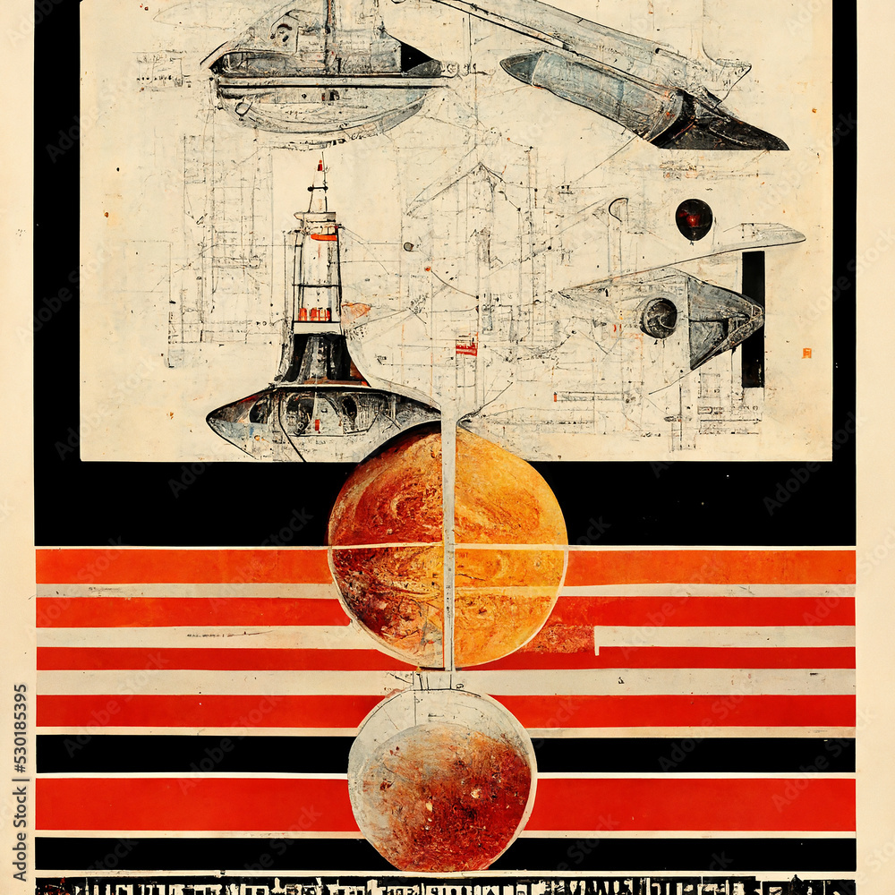 Science Fiction posters of space stations as mechanical drawings Stock ...