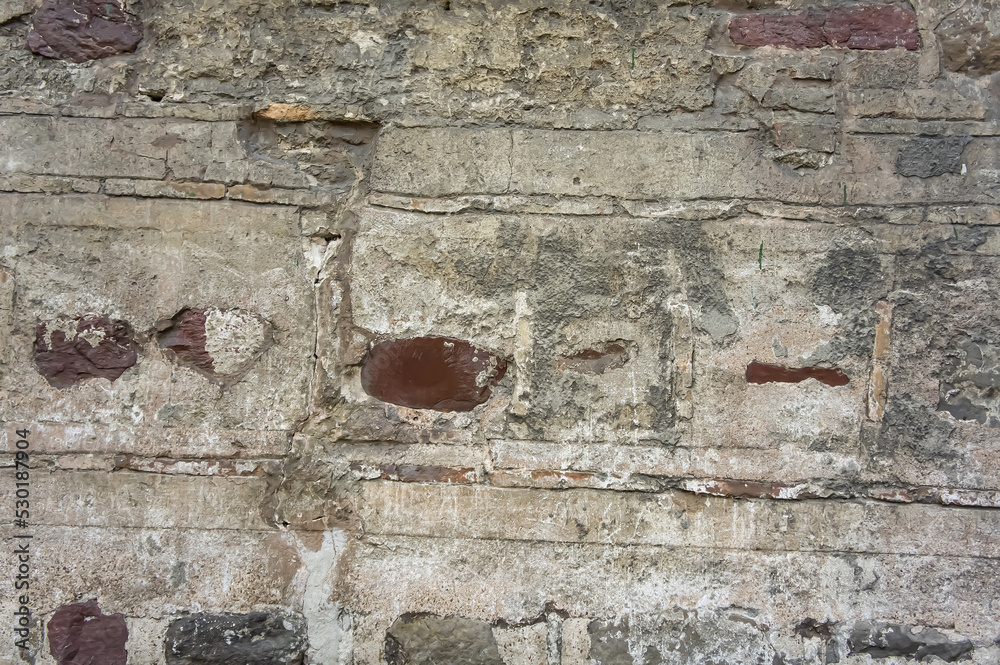 close up detail shot of ancient brick wall of old temple in the museum ...