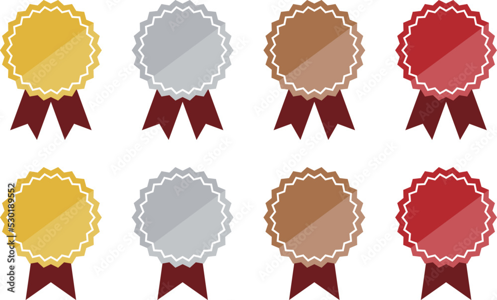 Shiny gold, silver, bronze, and red sticker set with ribbon. Vector ...
