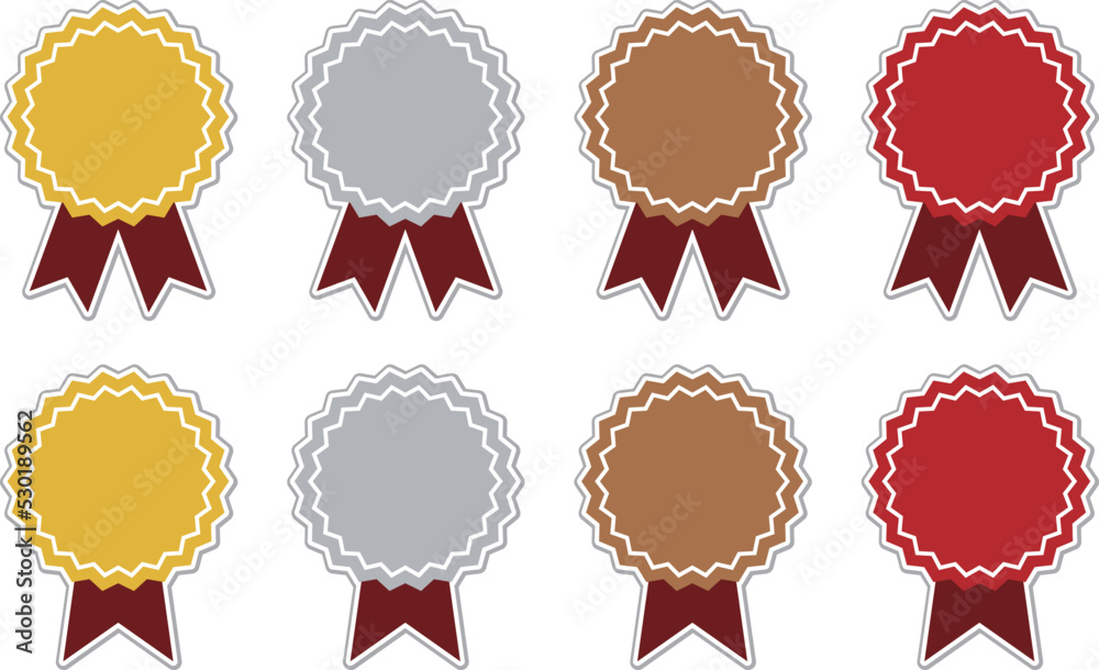 Gold, silver, bronze, and red award sticker set with ribbon and border ...
