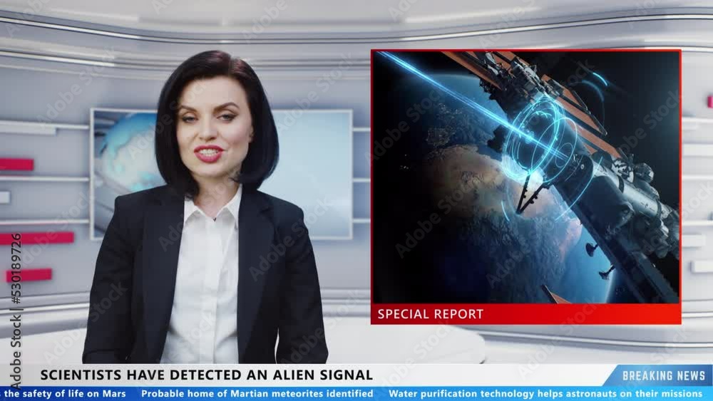 Female TV presenter reporting on breaking news on television live news ...