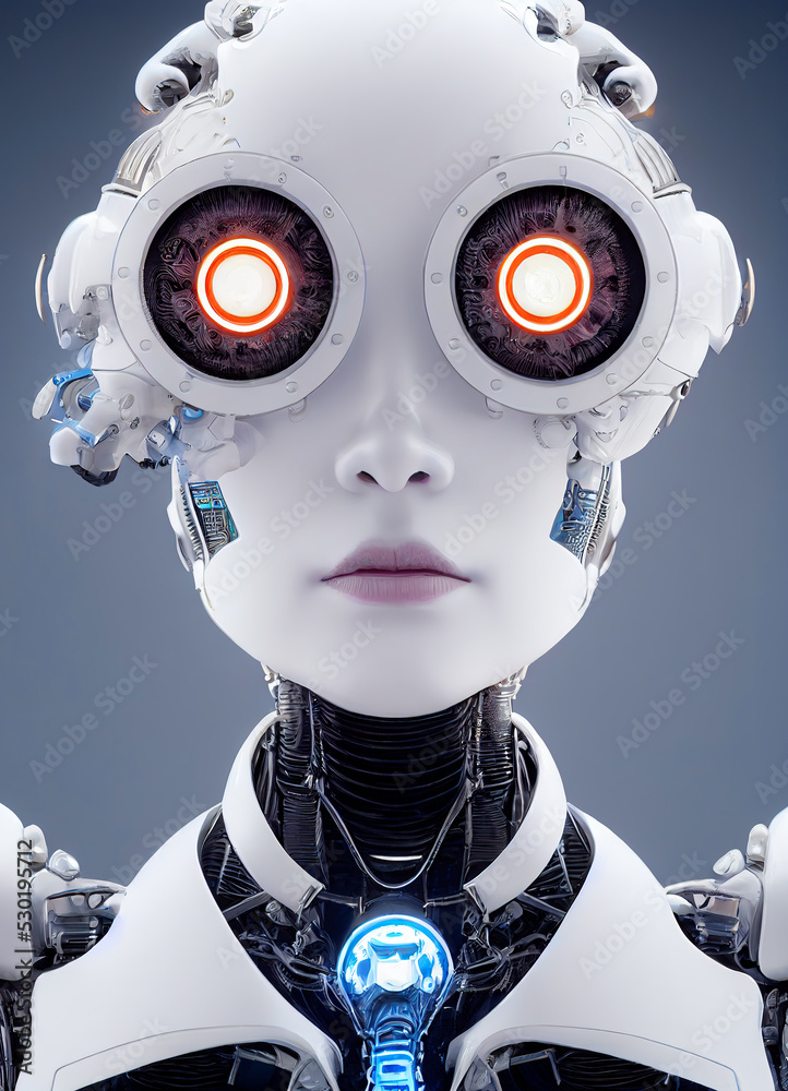 3D rendering head portrait of a robot woman in profile side view. Robot ...