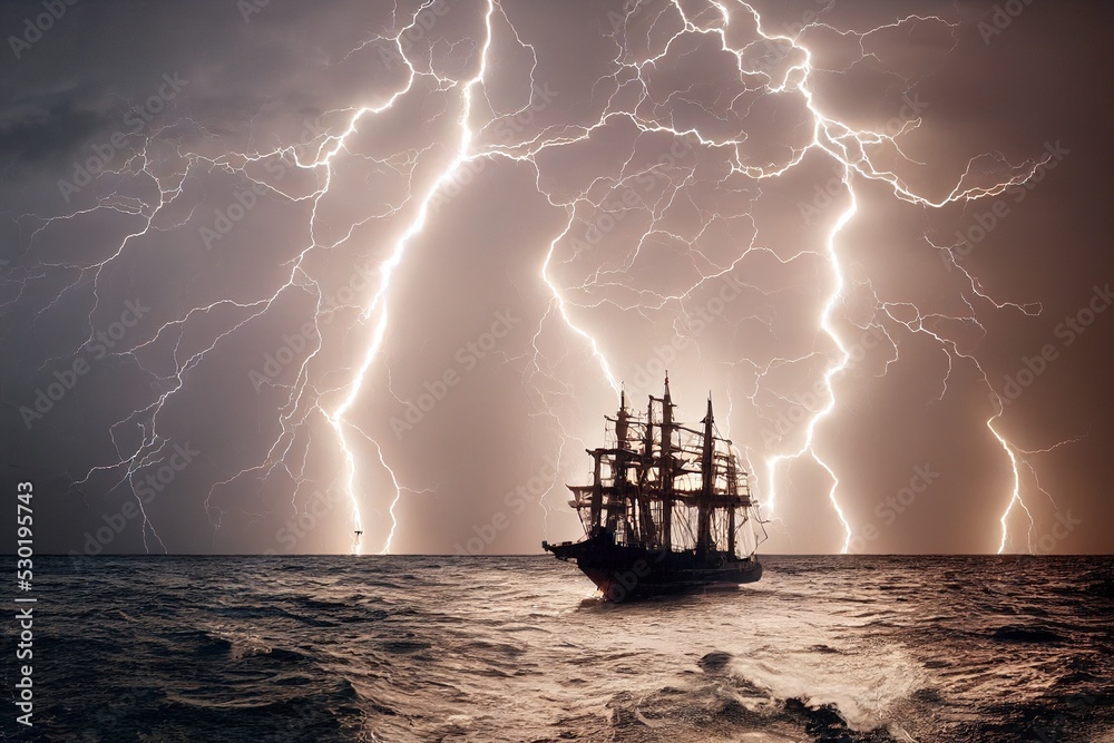 Lightning Storm At Sea Ship