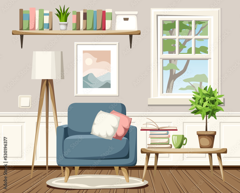 Cozy room interior with an armchair, a table, a window, and a floor ...