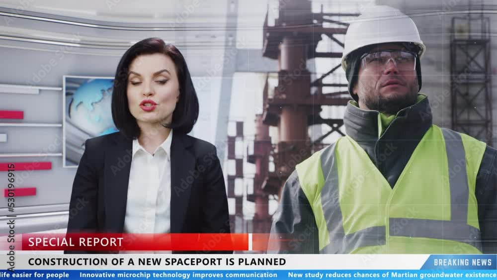 Vídeo do Stock: Woman presenter in TV studio commenting news about ...