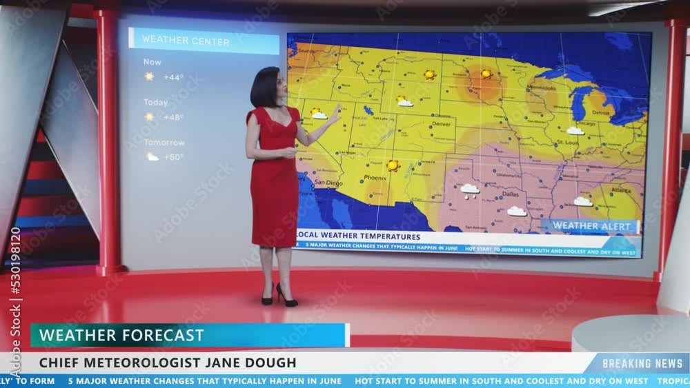 Female TV news anchor standing near the digital screen with map in ...