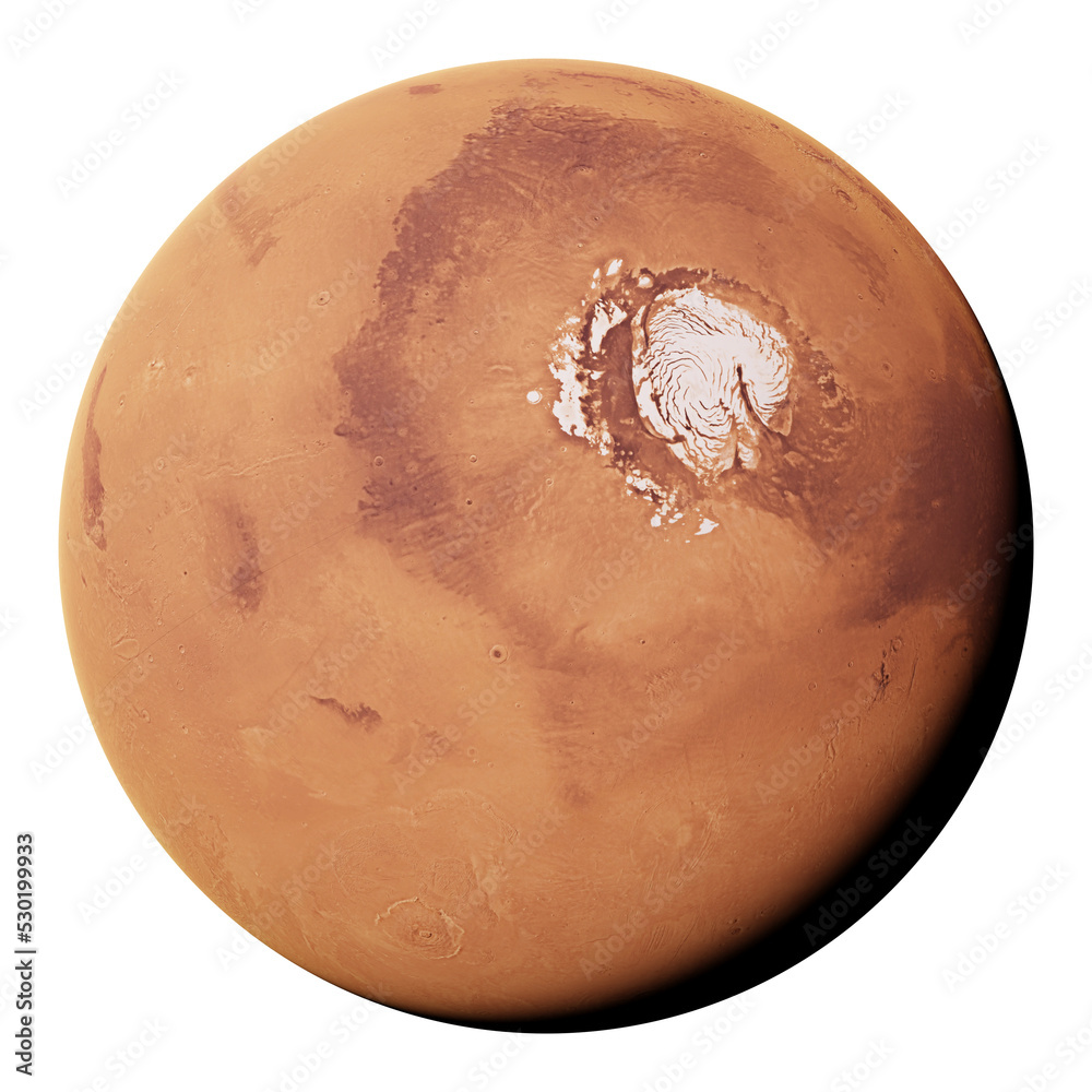 Mars, the red planet with north polar ice cap, part of the Solar System ...