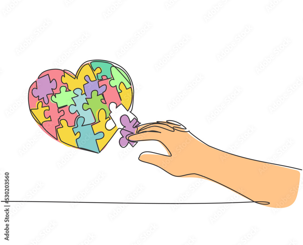 Single continuous line drawing of young happy woman put the puzzle ...