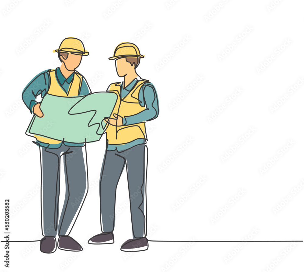 One continuous line drawing of young architect explaining building ...