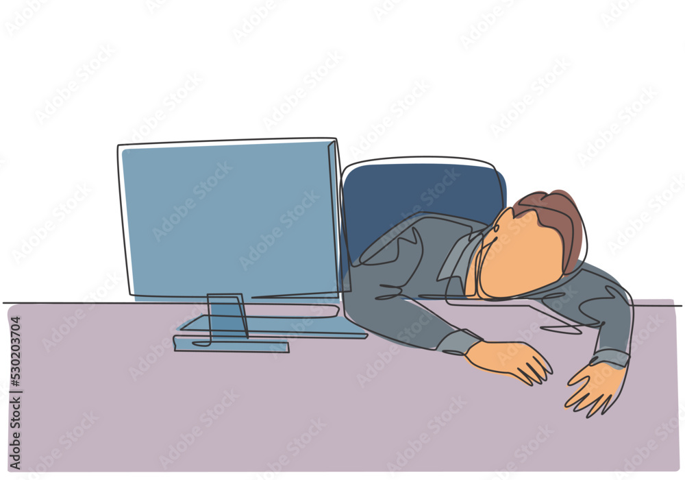 Single continuous line drawing of young sleepy startup CEO fall asleep ...