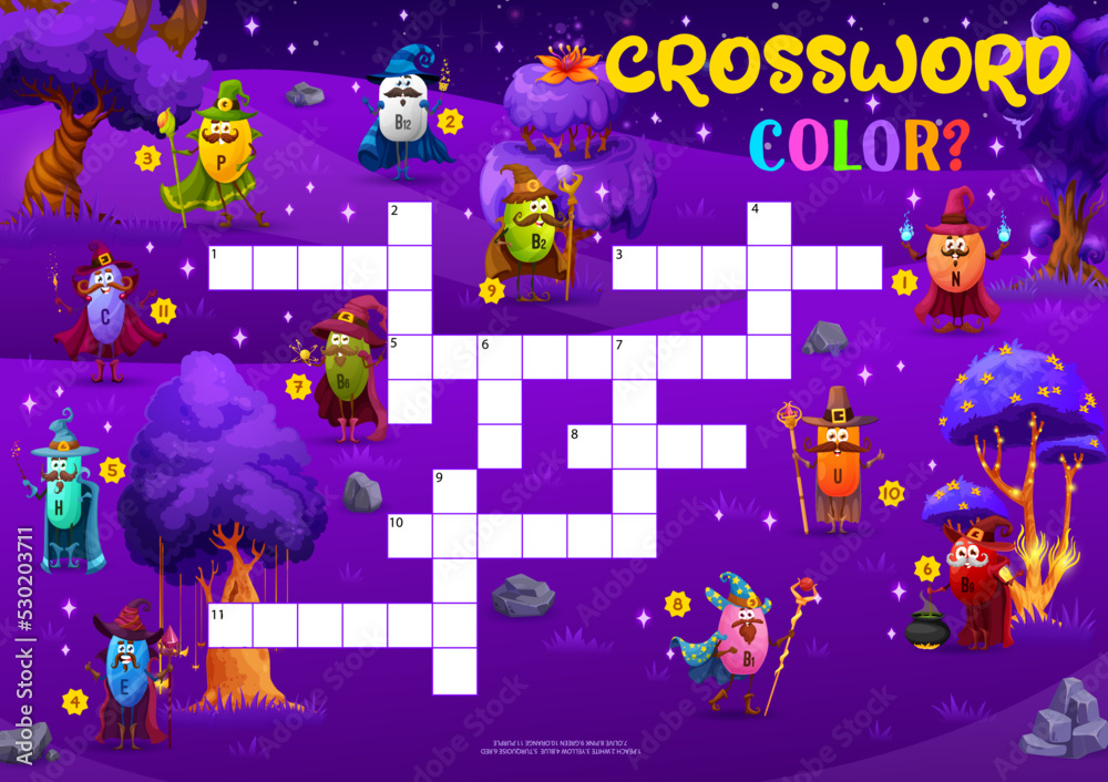 Crossword quiz game. Cartoon vitamin Halloween wizard and mage ...