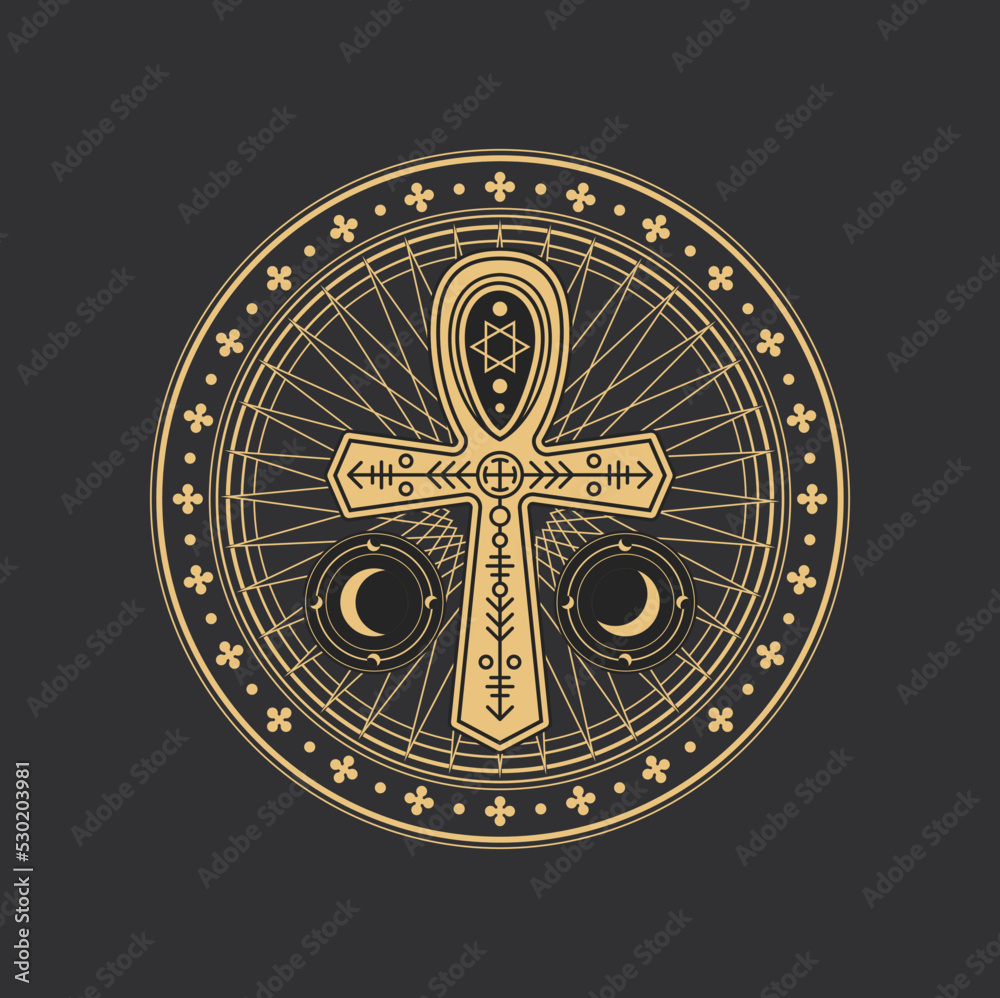Pentagram occult circle symbol with Egypt ankh, esoteric magic and ...