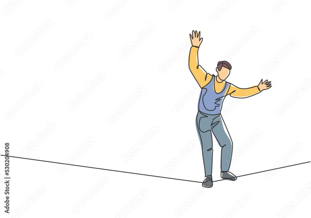 Continuous one line drawing a male acrobat walking on a rope while ...