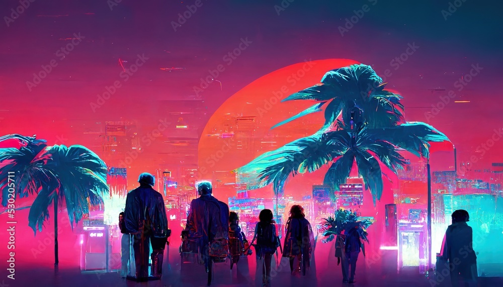 Retro wave synthwave landscape,silhouette of people with palm trees ...