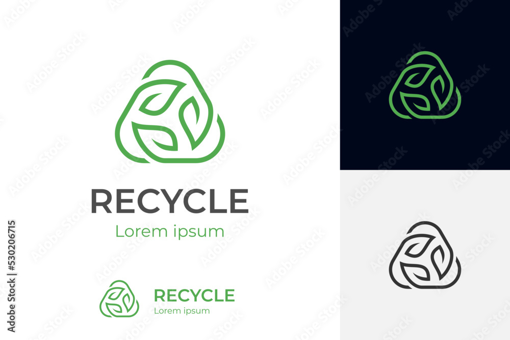 line triangle recycle with green leaf, recycling ecology logo or icon ...