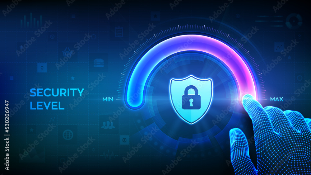 Increasing Security level. Cyber security concept. Wireframe hand is ... Increasing Security level. Cyber security concept. Wireframe hand is ...