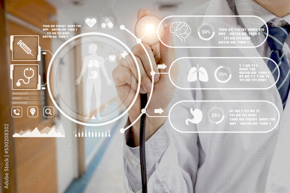 Doctor wearing uniform hold stethoscope working with network connection ...